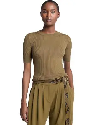 Michael Kors Michael Kors Collection Ribbed Wool Elbow-Sleeve Sweater Green