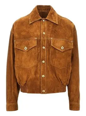 Versace Suede Leather Jacket With Greca Motif Details - Brown