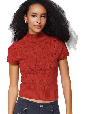 Anthropologie By Anthropologie Short-Sleeve Cable Knit Mock Neck Sweater Raspberry