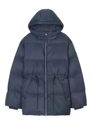Closed Hooded Padded Jacket With Drawstring Waist - Blue