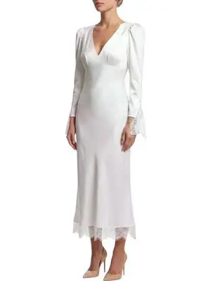 POST MERIDIEM Milk Satin Lace-trim Fitted Midi Dress - White