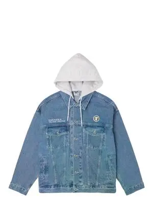 AAPE BY *A BATHING APE Moonface Panelled Denim Jacket With Detachable Drawstring Hoodie - Blue