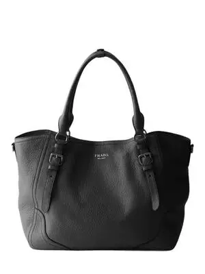 Prada Large Leather Tote Bag With Buckled Details - Black