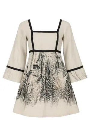 CONQUISTA Square Neck Flared Sleeve Printed Linen Dress - Black