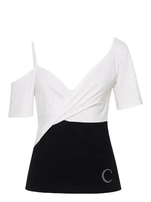 CONQUISTA Asymmetrical Wrap Top With Contrast Panel And Sparkling Logo Detail - Black