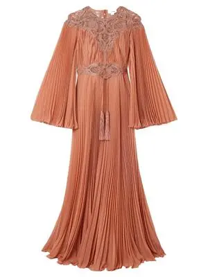 Zuhair Murad Embellished Tulle-trimmed Plissé Georgette Gown - No