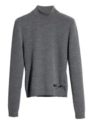 Gucci Fine Rib Knit Wool Top With Horsebit Detail - Grey