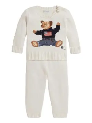 Polo Ralph Lauren Polo Bear Intarsia-knit Cotton Sweater And Trousers Set - White