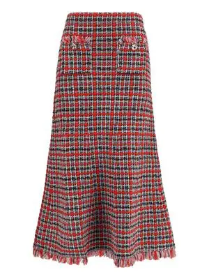 SELF-PORTRAIT Frayed Knit Midi Skirt - Red
