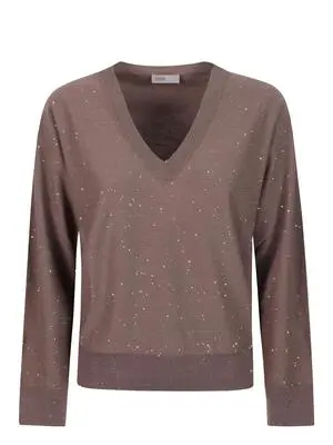 Herno V-neck Knitted Jumper With Speckled Finish - Brown