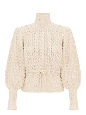 Zimmermann Zimmermann Textured High Neck Long Sleeve Sweater With Detachable Belt Cream