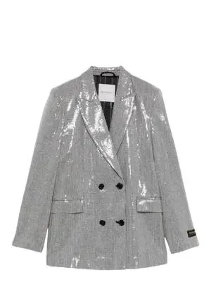 ERMANNO FIRENZE Double-breasted Sequin Embellished Houndstooth Blazer - Grey