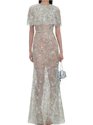 SELF-PORTRAIT Sequin Embellished Cape Sleeve Maxi Dress - Mint