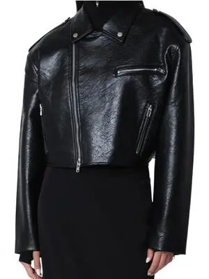 THE FRANKIE SHOP Cropped Faux Leather Biker Jacket - Black