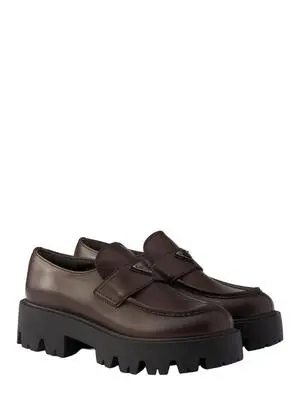 Prada Leather Loafers With Monoblock Rubber Sole - Brown