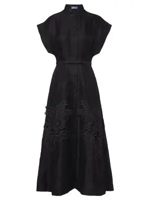 LEO LIN Aubrey Floral-appliqué Linen-blend Midi Dress - Black
