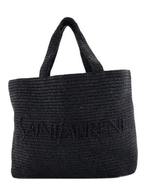 Saint Laurent Logo Embroidered Raffia Tote Bag - Black
