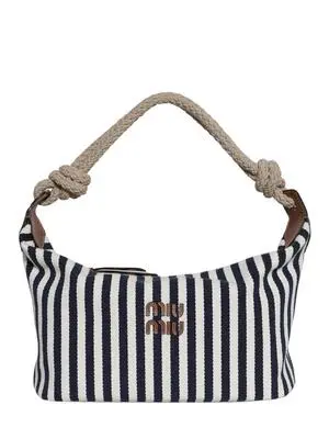Miu Miu Striped Canvas Top Handle Bag With Cognac Leather Details - Blue