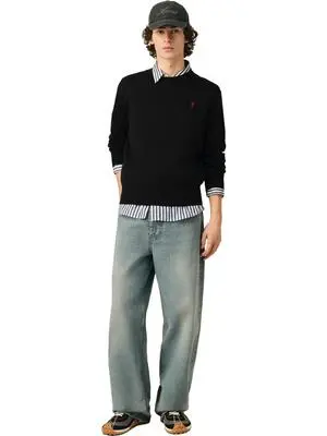 AMI Paris Crew Neck Sweater With De Coeur Emblem - Black