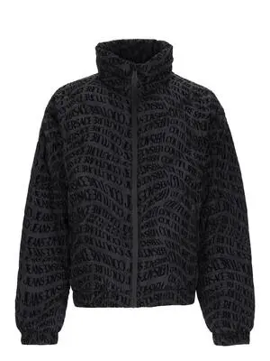 Versace High Neck Zip-up Jacket With All-over Logo Print - Black