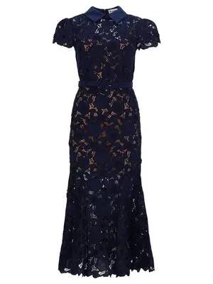 SELF-PORTRAIT Lace Belted Collar Maxi Dress - Blue