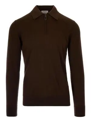 PAOLO PECORA Long Sleeve Zip-front Knit Polo Shirt - Castoro