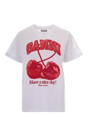 GANNI Cherries Crethestanesedew-neck T-shirt - White