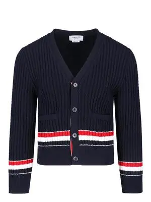 Thom Browne Ribbed Knit V-neck Cardigan With Striped Cuffs And Hem - Blue