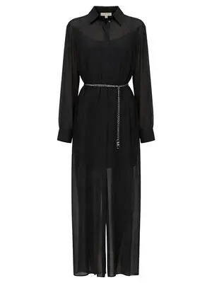 Michael Kors Sheer Maxi Shirt Dress With Chain Belt - Black