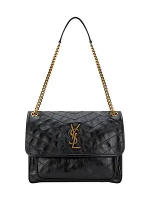 Saint Laurent Medium Quilted Leather Flap Shoulder Bag With Gold Tone Logo - Black