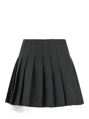 SELF-PORTRAIT Self-portrait Pleated Mini Skirt With Lace Hem Wool - Grey