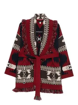 Alanui Icon Cashmere Cardigan With Geometric Pattern And Fringe Trim - Red