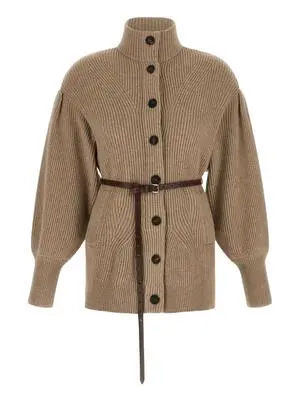 Brunello Cucinelli Belted Wool And Cashmere Cardigan - Brown