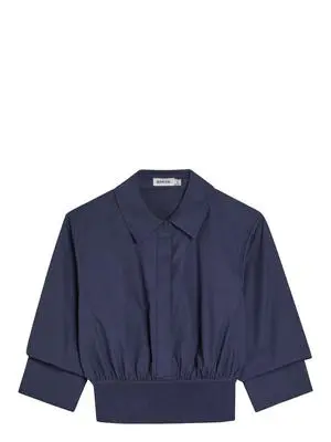 Simkhai Stiles Cropped Cotton-poplin Shirt With Gathered Sleeves - Navy