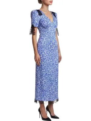 POST MERIDIEM POST MERIDIEM Floral Print Lace Trim Midi Dress