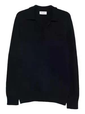 LANEUS Ribbed Knit Long Sleeve Polo Sweater - Blue