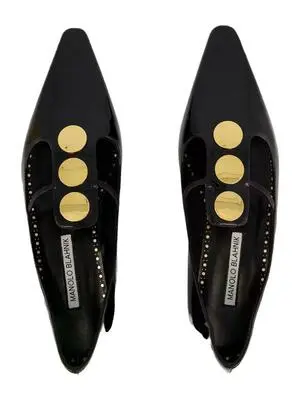 Manolo Blahnik Khafreflat Patent Leather Flat Pumps With Gold-tone Embellishments - Black