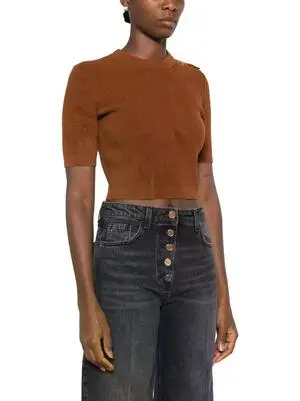 Elisabetta Franchi Ribbed Crewneck Top With Logo Plaque Detail - Brown