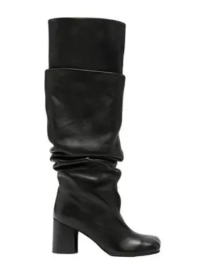 POEVE Leather Slouchy Square Toe Block Heel Boots - Black