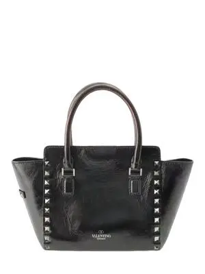 Valentino Garavani Valentino Garavani Small Crinkled Calfskin Rockstud Double Handle Tote Satchel Black