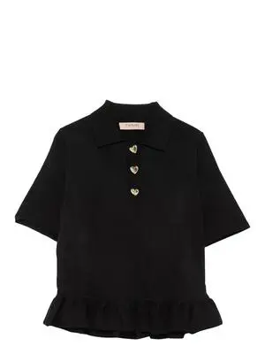 TWINSET Ruffle-trim Heart-button Polo Shirt - Black
