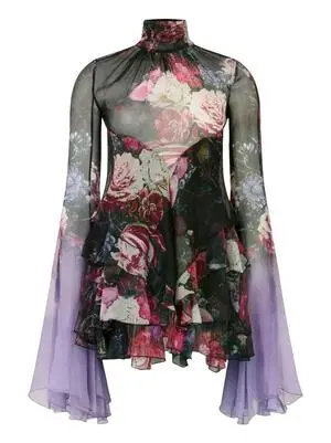 Roberto Cavalli Floral Print Ruffled High Neck Dress - Black