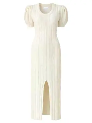 VIOLANTE NESSI Ribbed-knit Puff-sleeve Midi Dress - Neutrals