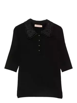 TWINSET Lace-collar Ribbed Knit Polo Shirt - Black