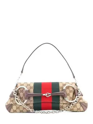 Gucci Horsebit Nm Web Chain Clutch Gg Canvas Medium Shoulder Bag - Brown