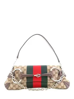 Gucci Horsebit Web Chain Clutch Gg Canvas Medium Shoulder Bag - Brown