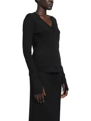 THOM KROM Long Sleeve V-neck T-shirt With Layered Detail - Black
