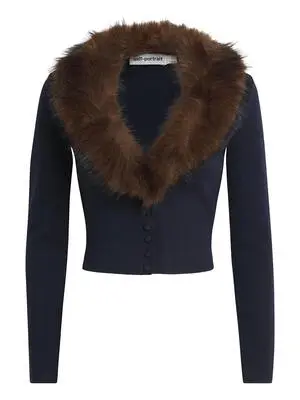 SELF-PORTRAIT Cropped Faux Fur Trim Cardigan - Navy