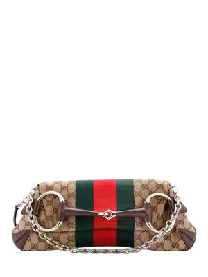 Gucci Horsebit Nm Web Chain Clutch Gg Canvas Medium Shoulder Bag - Brown