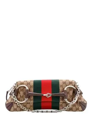 Gucci Horsebit Nm Web Chain Clutch Gg Canvas Medium Shoulder Bag - Brown